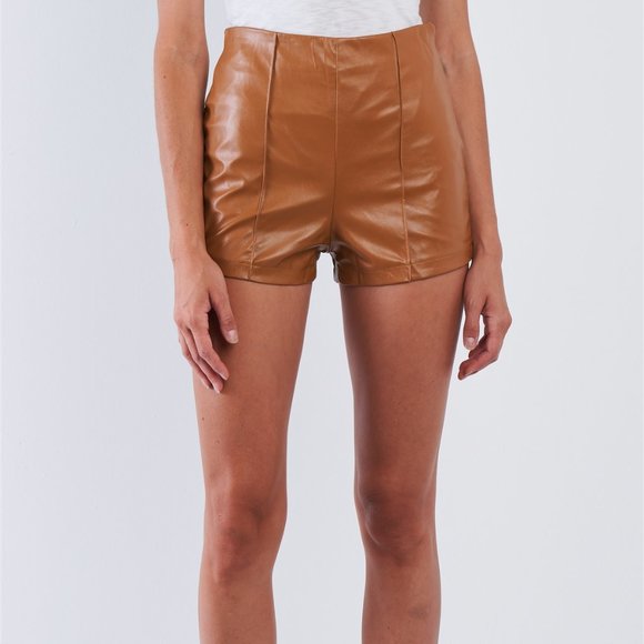 Shorts | Camel Vegan Leather High Waisted Side Zipper Mini Shorts ...